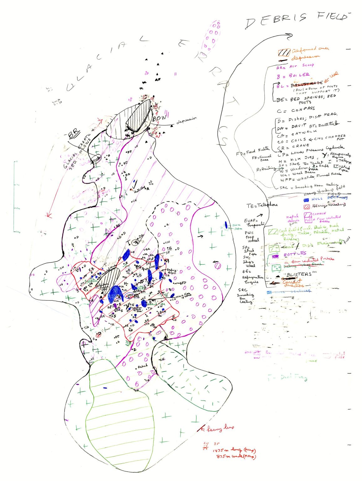 Original sketch of Titanic wreck site debris field – Woods Hole ...